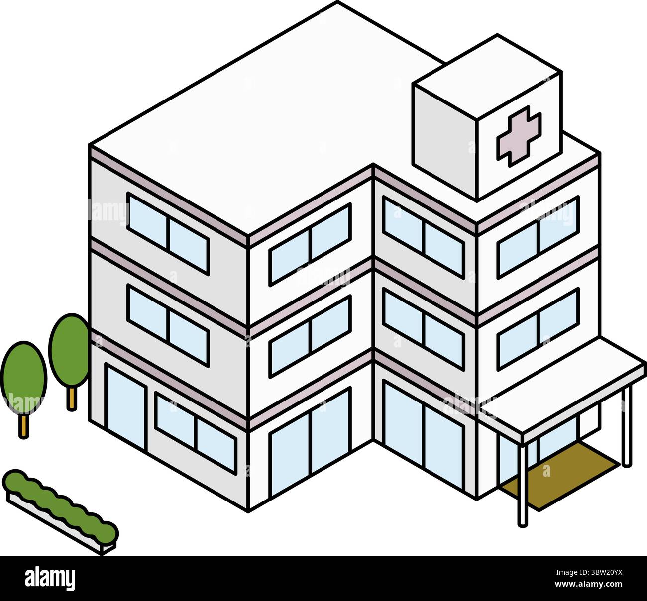 Isometric line art illustration of a simple hospital building with ...