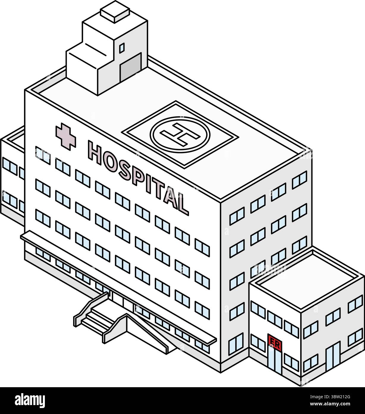 Simple line drawing isometric illustration of an emergency hospital ...