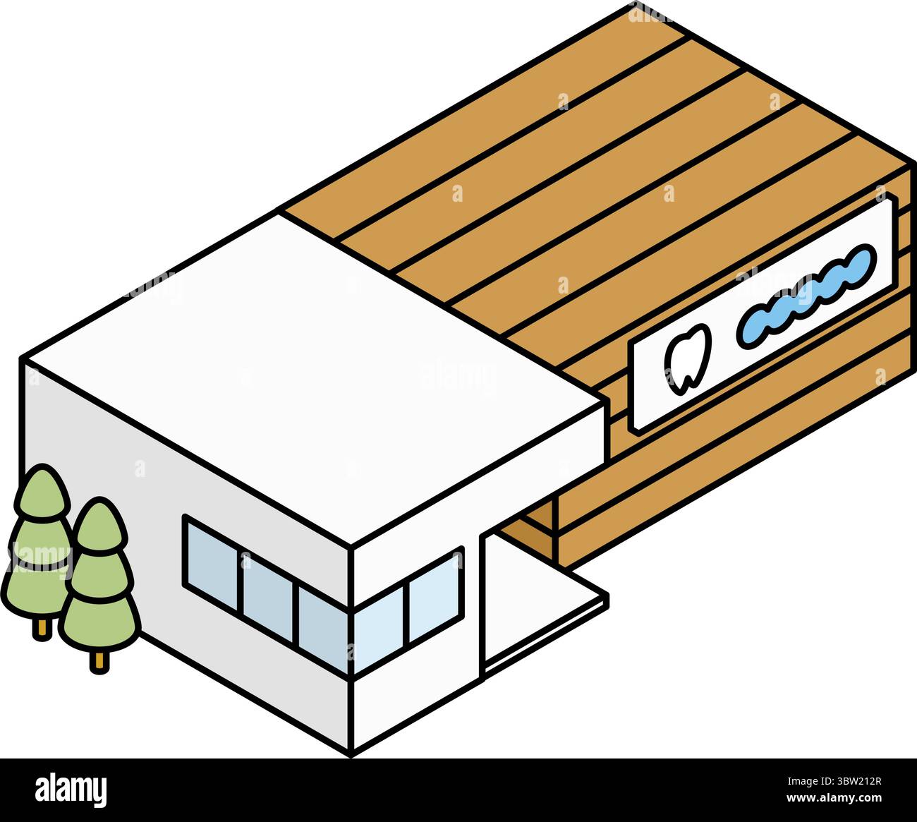 Isometric line art illustration of a simple dental clinic building with ...