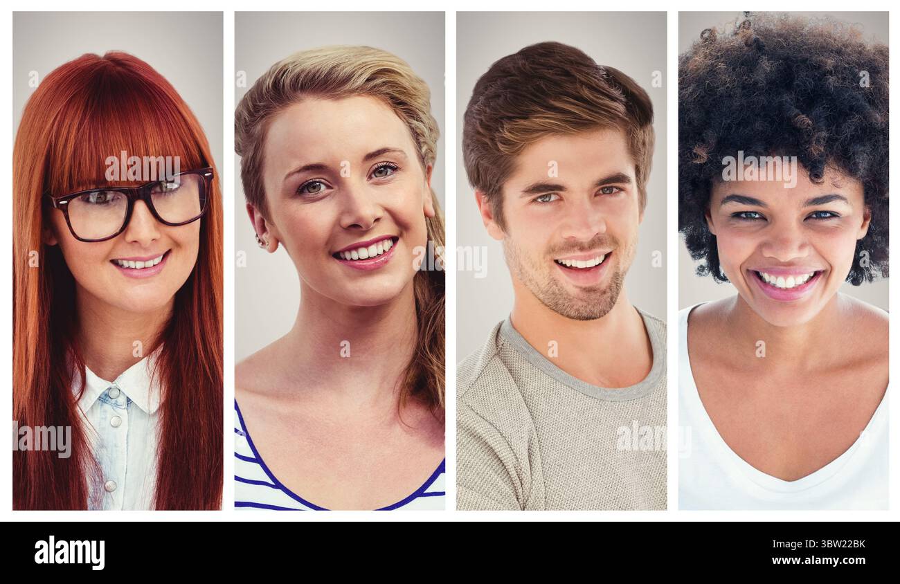 Group of four smiling head-and-shoulder portraits is being shown in ...