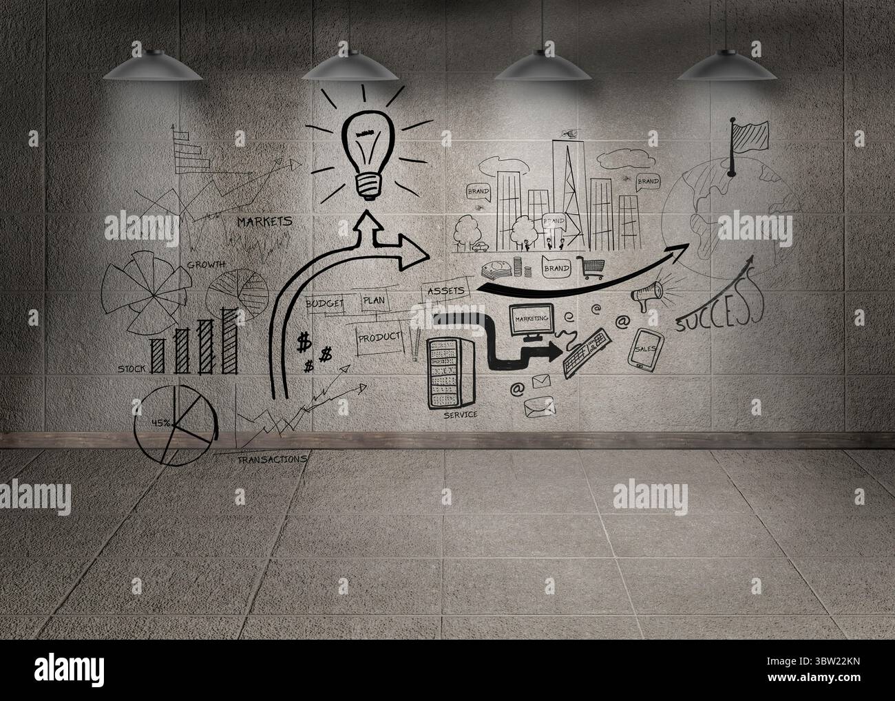 Sketch style is showing hand drawn business planning mural on concrete ...