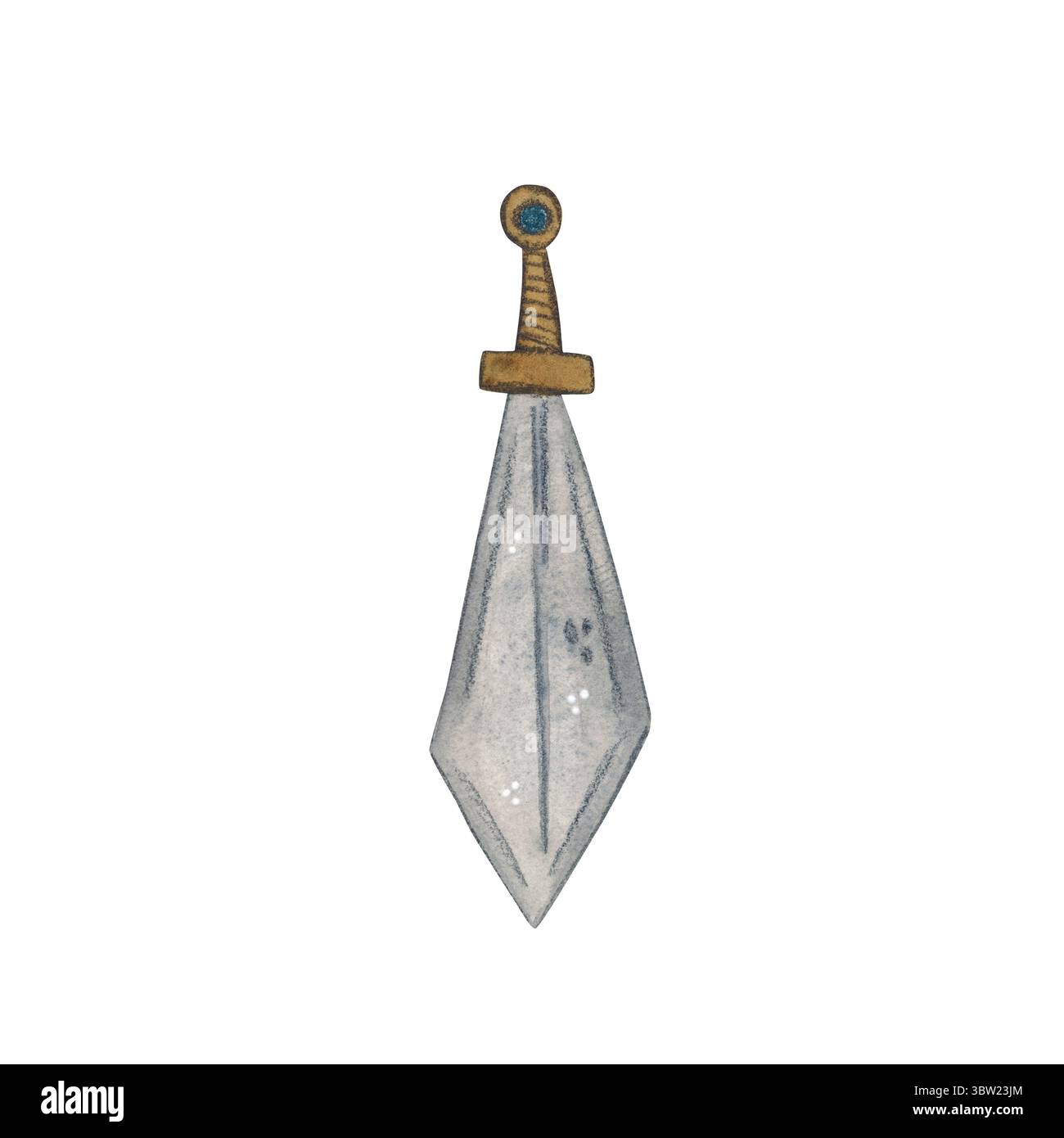 Medieval weapon, a broadsword with a stone in the handle. Watercolor ...