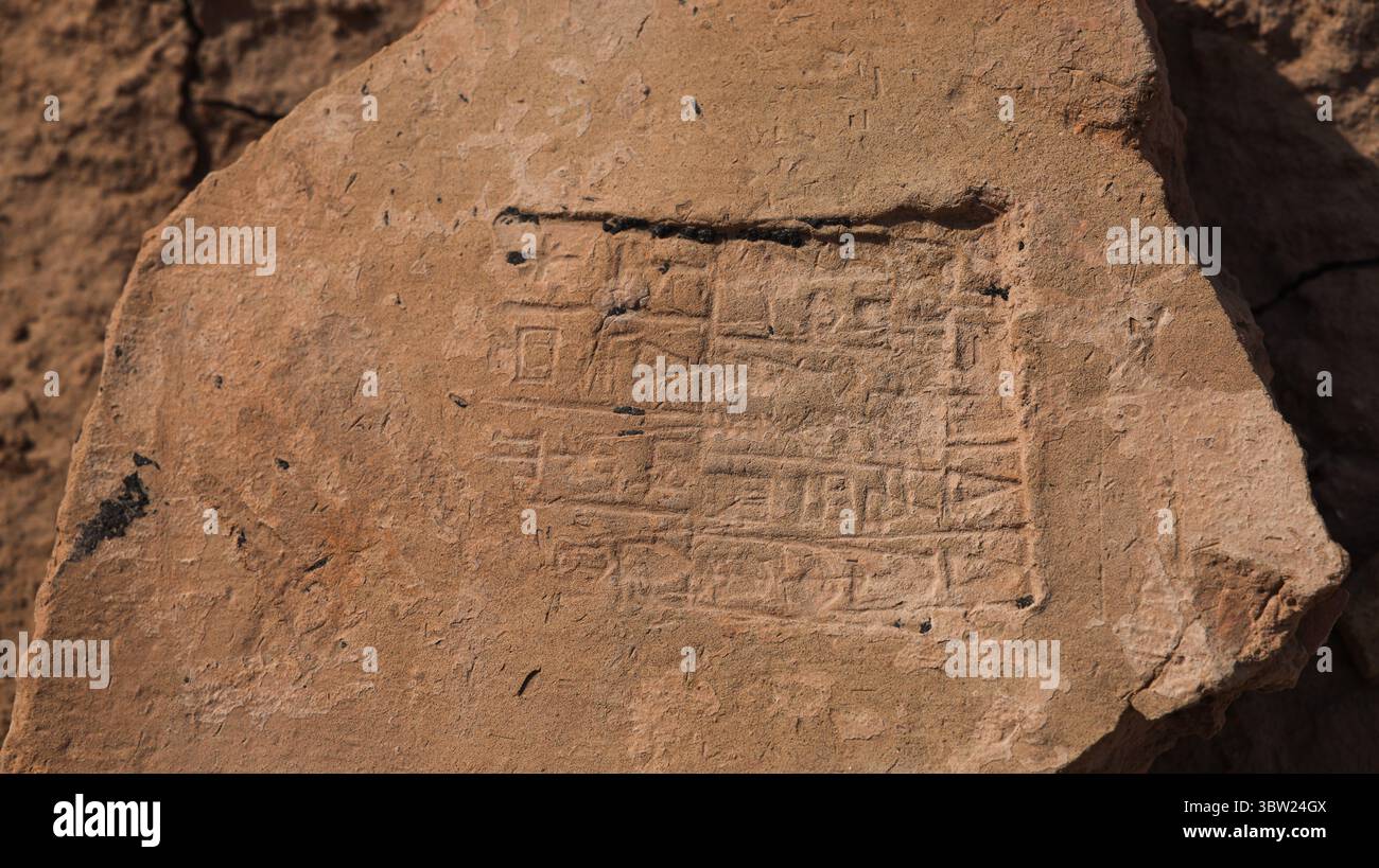 An ancient cuneiform inscription is discovered on a weathered stone in ...
