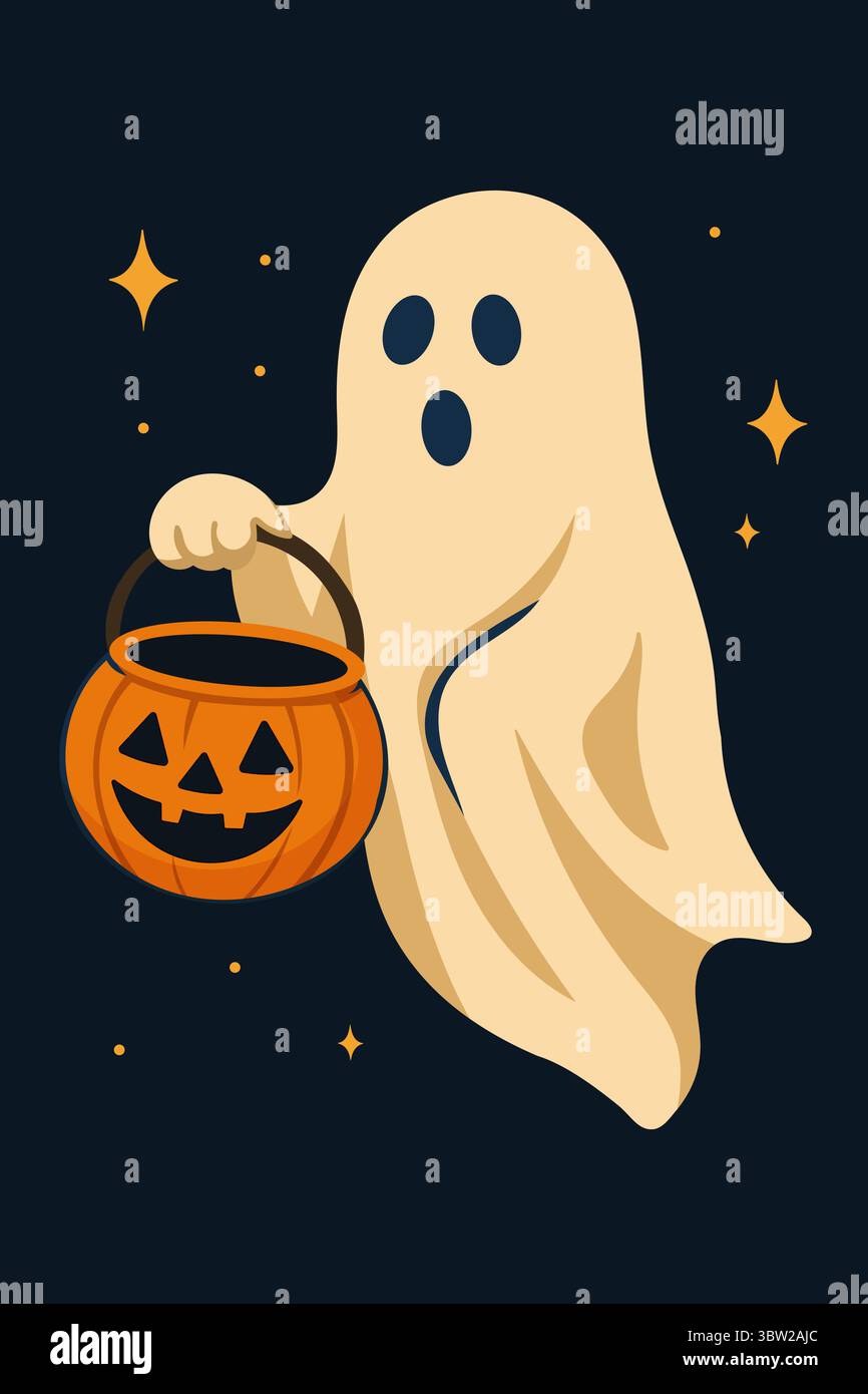 Cute Halloween ghost with jack-o-lantern candy bucket in dark spooky ...