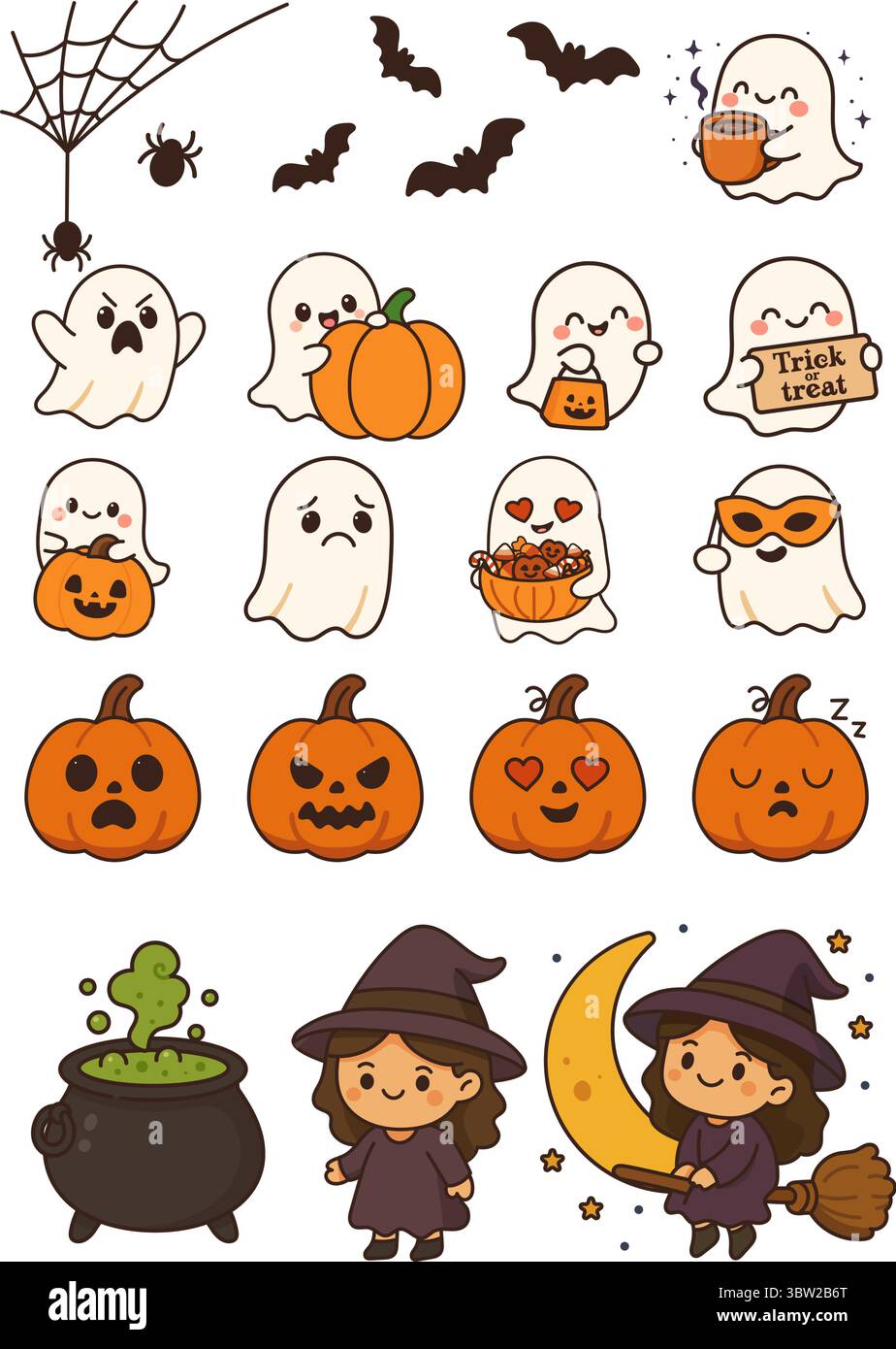 Halloween sticker set with ghosts, pumpkins, witch, cauldron, and bats ...