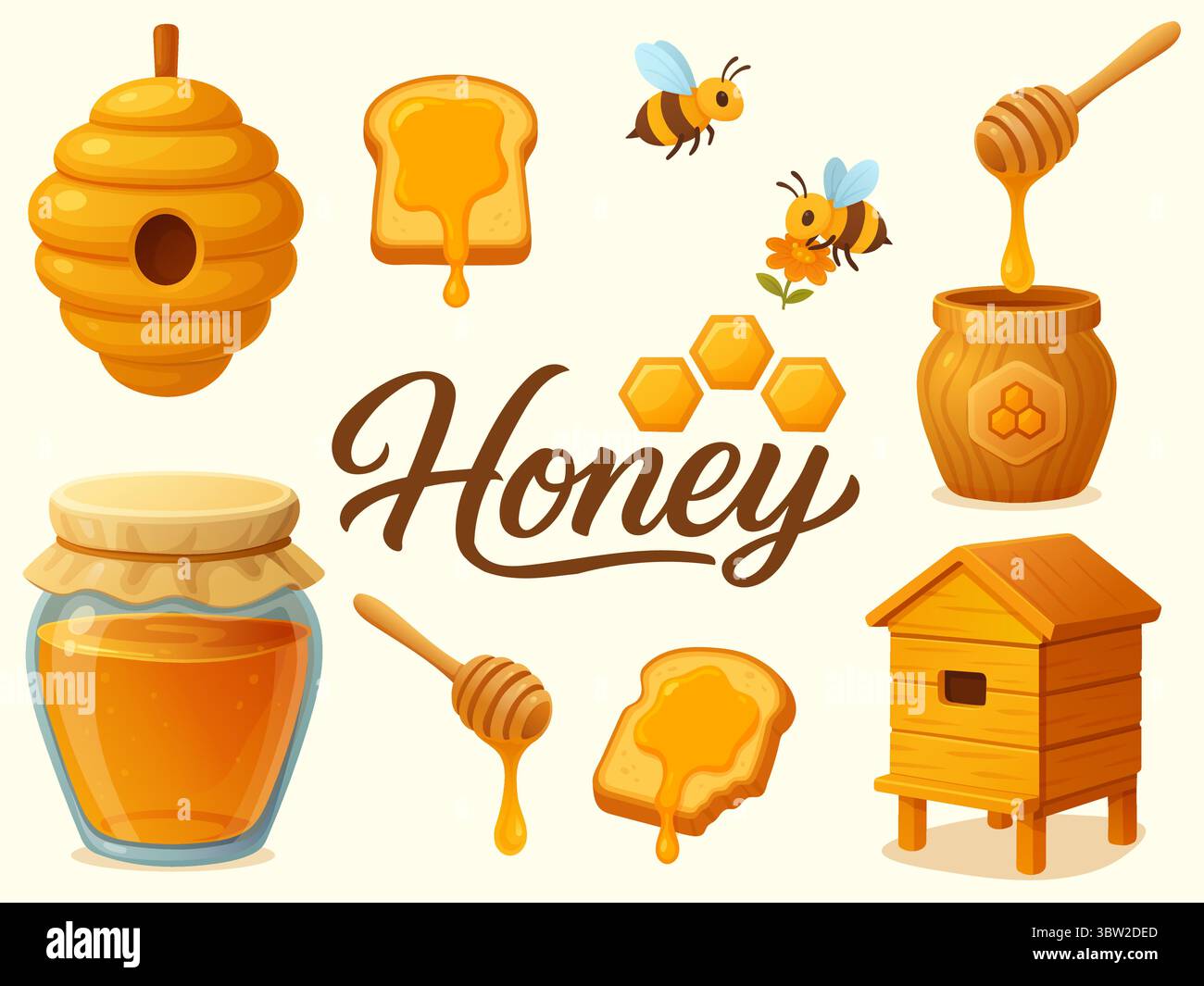 Honey themed set with bees hive jar toast dipper and honeycomb Stock ...