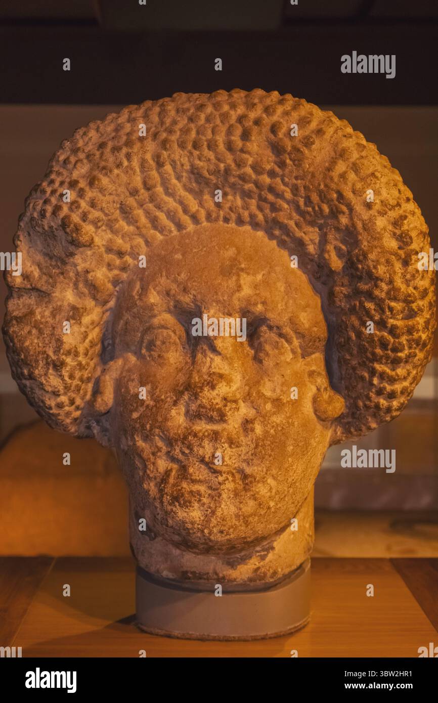 England, Somerset, Bath, The Roman Baths, Sculpture of Woman's Head ...