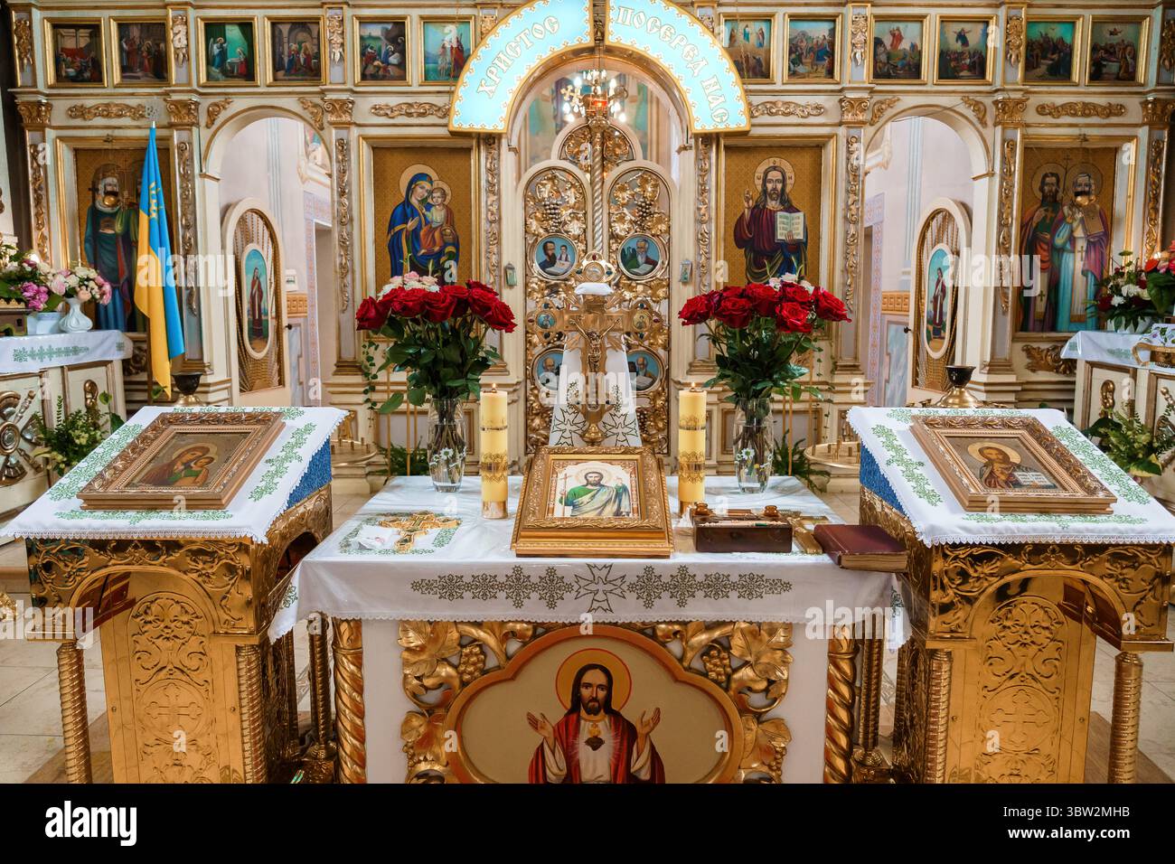 A richly decorated altar in an Eastern Orthodox church, displaying ...