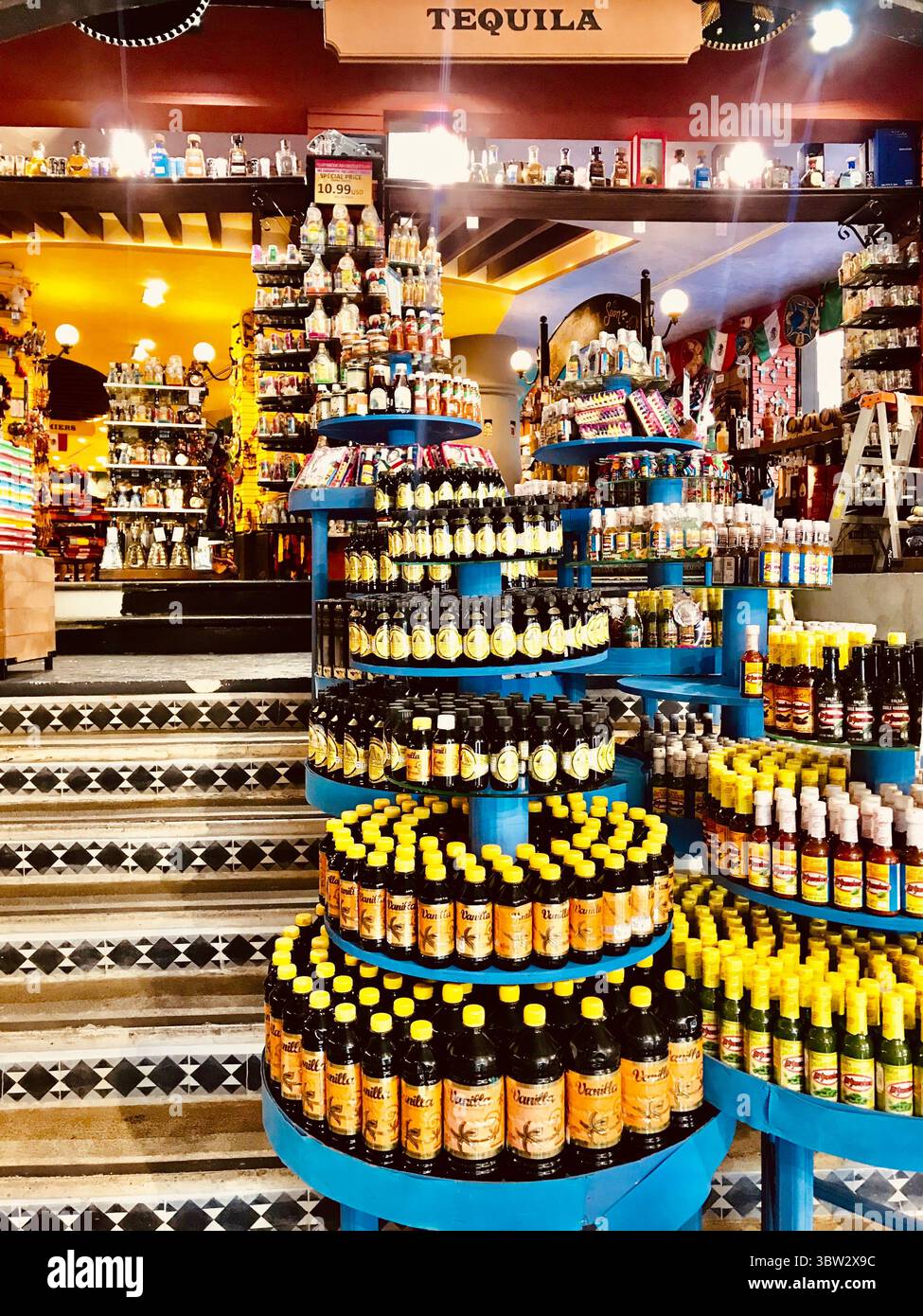 Tequila and Vanilla Shop Display, Playa del Carmen, Mexico Stock Photo ...