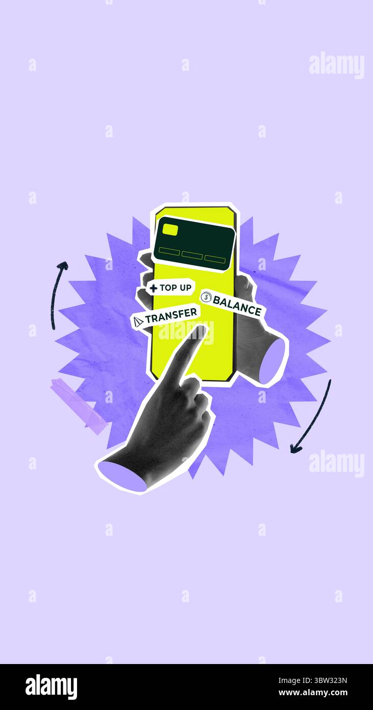 Collage in paper cutout style showing mobile screen with top-up ...