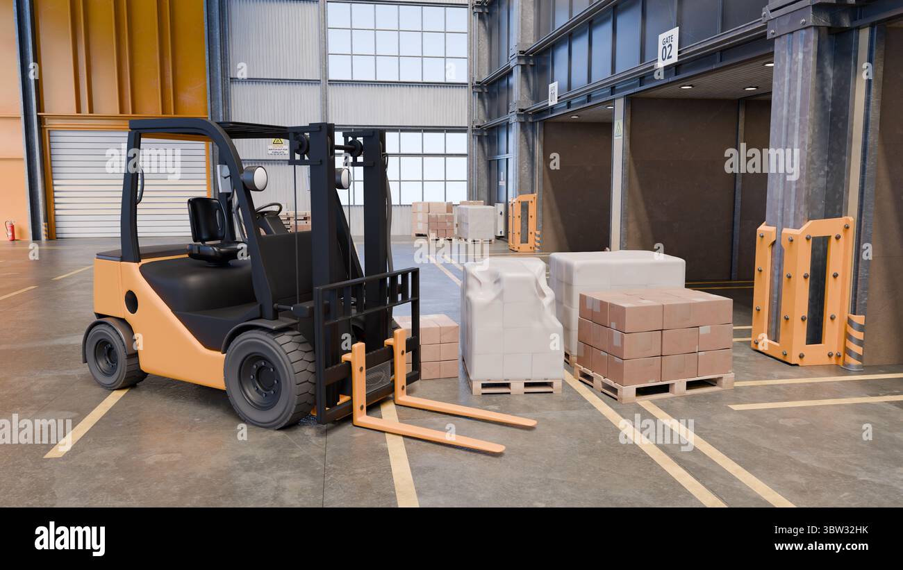 A forklift is positioned in a spacious warehouse, ready to move pallets ...