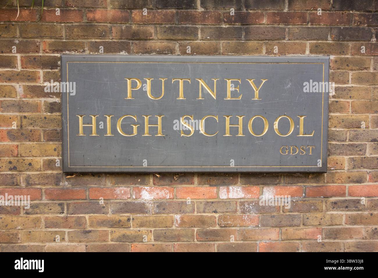 Closeup of school signage outside Putney High School (GDST), Putney ...