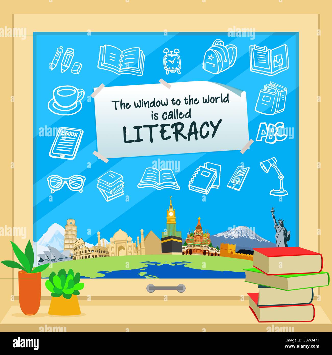 Colorful literacy concept illustration with global landmarks and ...