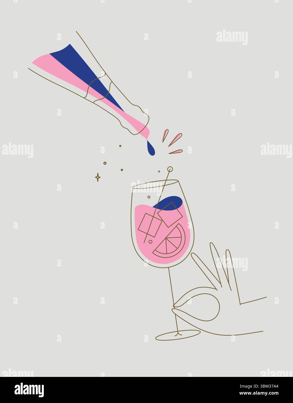 Hand holding glass of aperol spritz cocktail and bottle drawing in flat ...