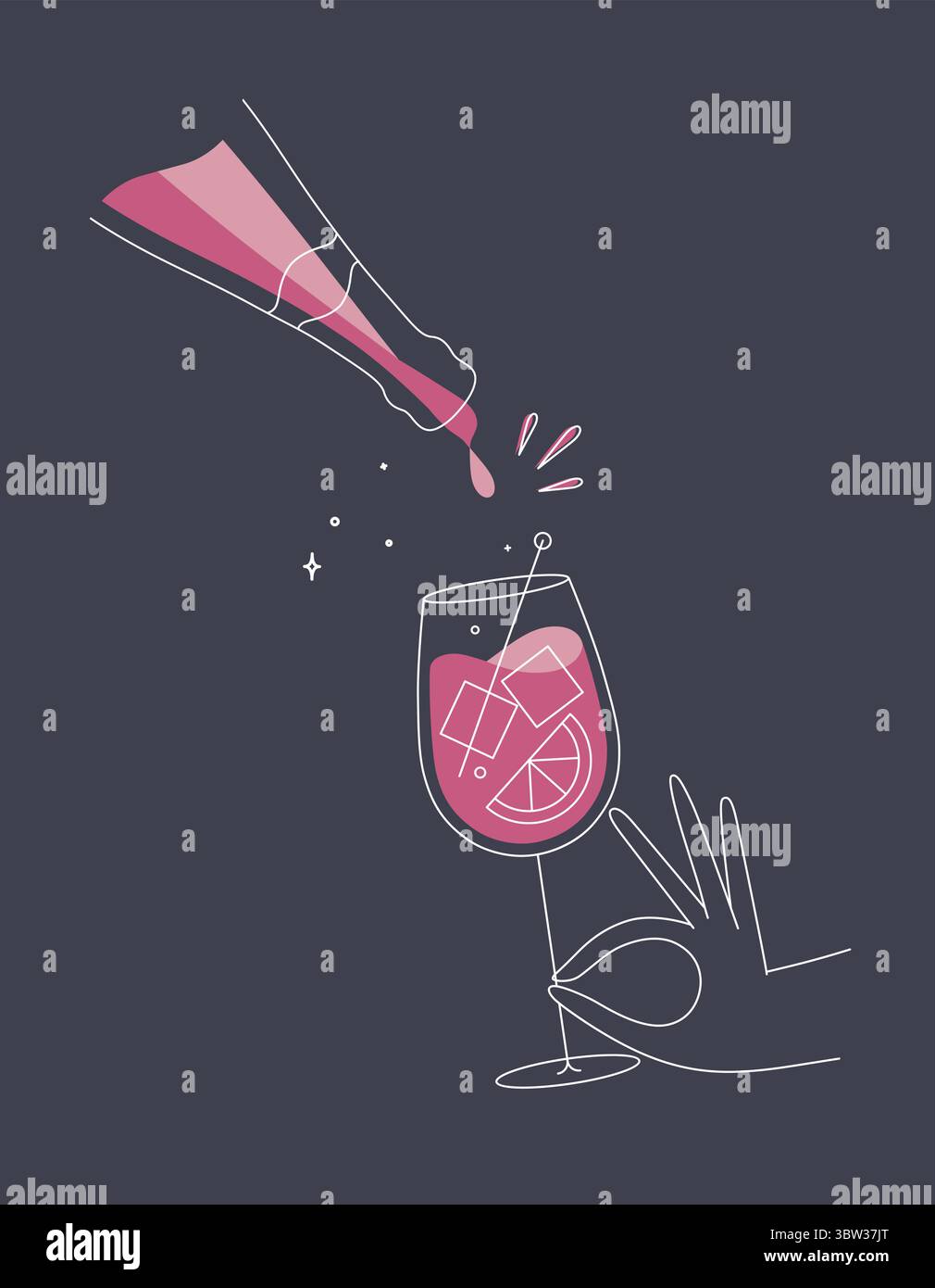Hand holding glass of aperol spritz cocktail and bottle drawing in flat ...