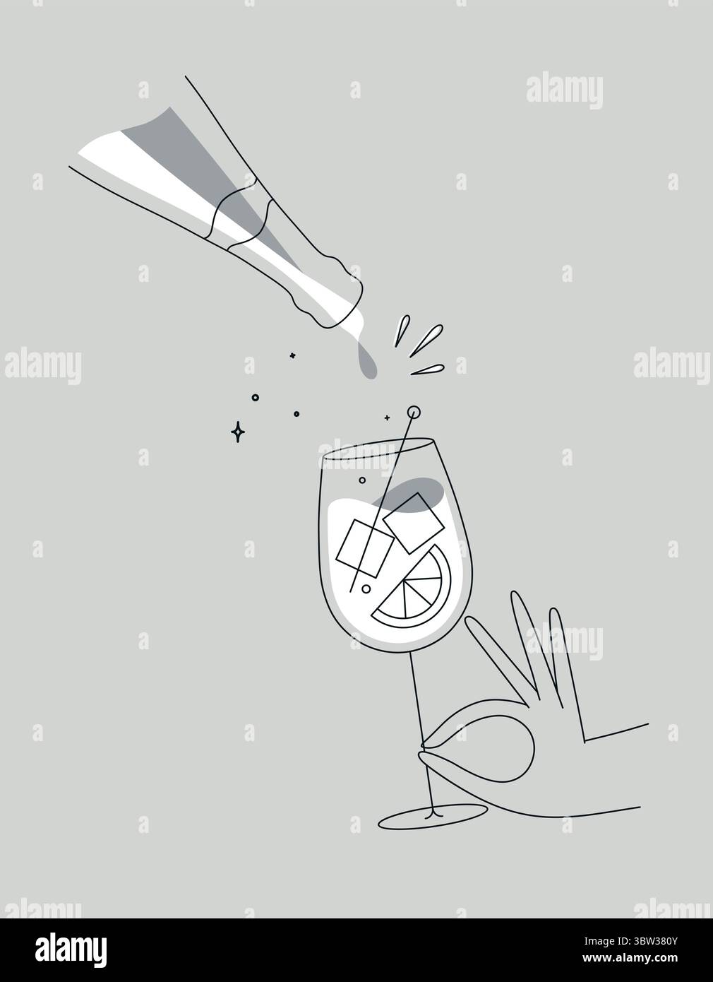 Hand holding glass of aperol spritz cocktail and bottle drawing in flat ...