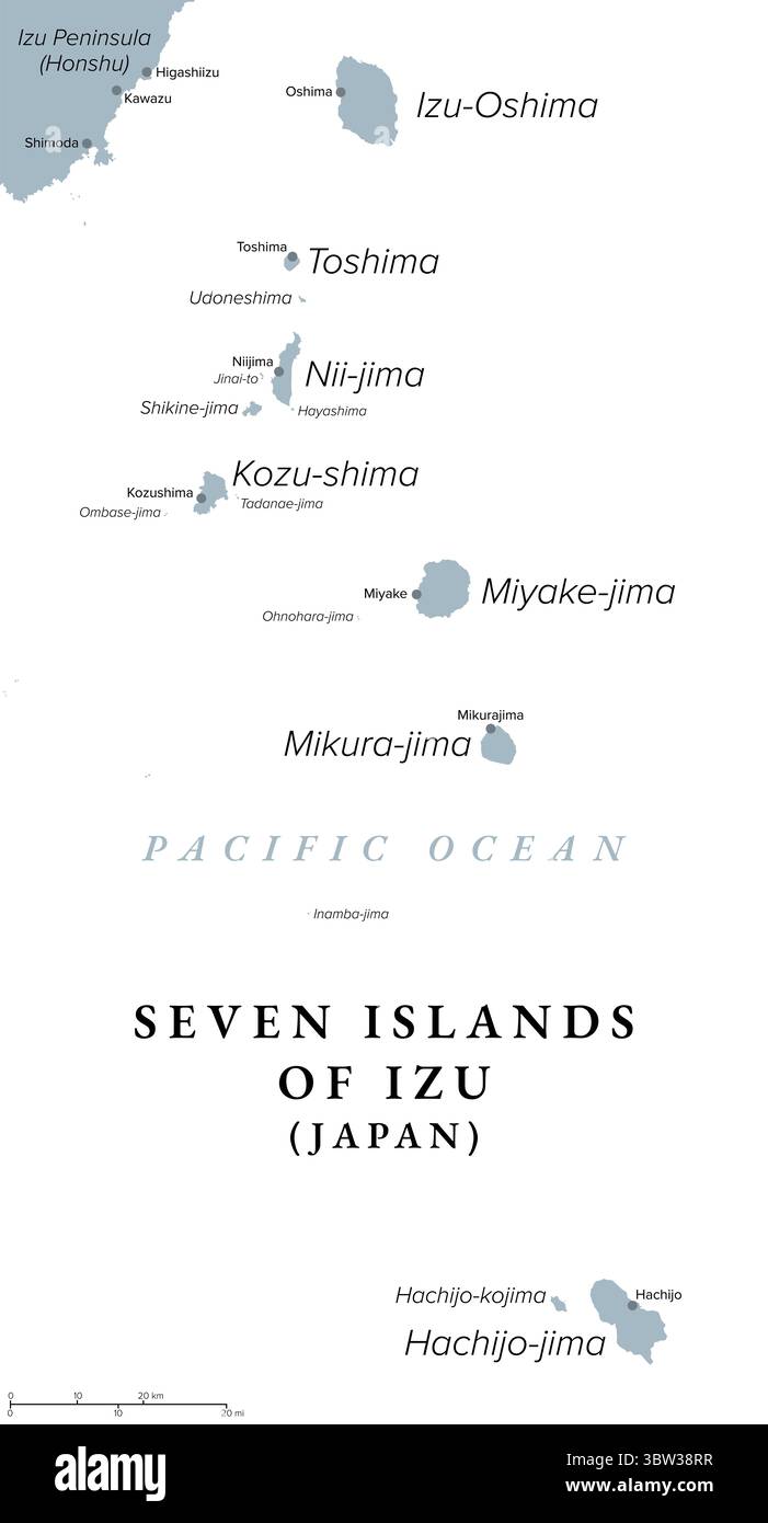 Seven Islands of Izu, Tokyo Prefecture, Japan, gray political map. The ...