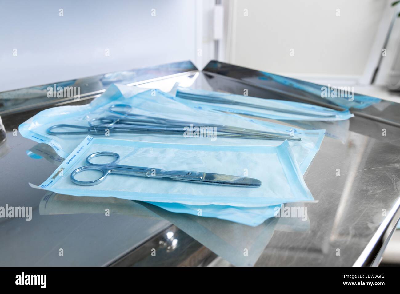 A Collection of Sterile Surgical Instruments Organized on a Stainless ...