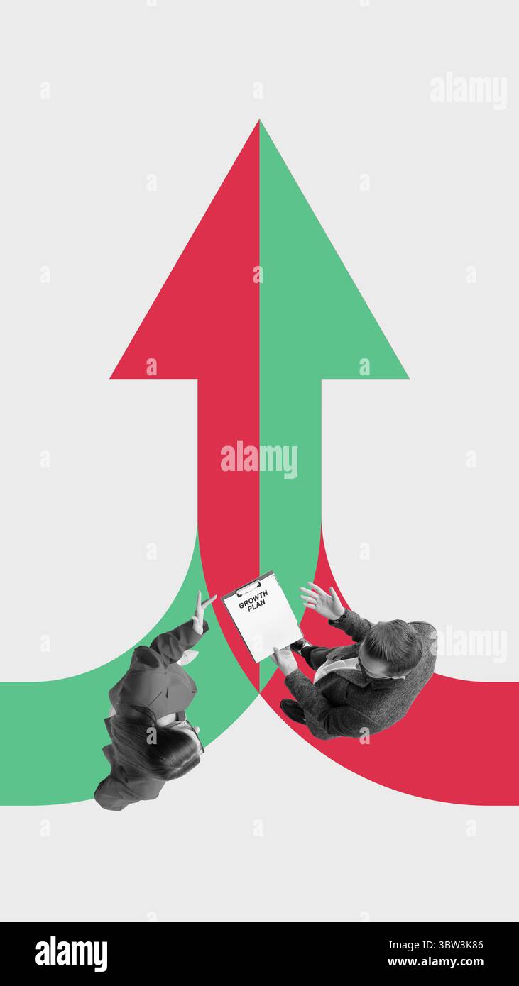 Collage of two business paths merging into one growth arrow with ...