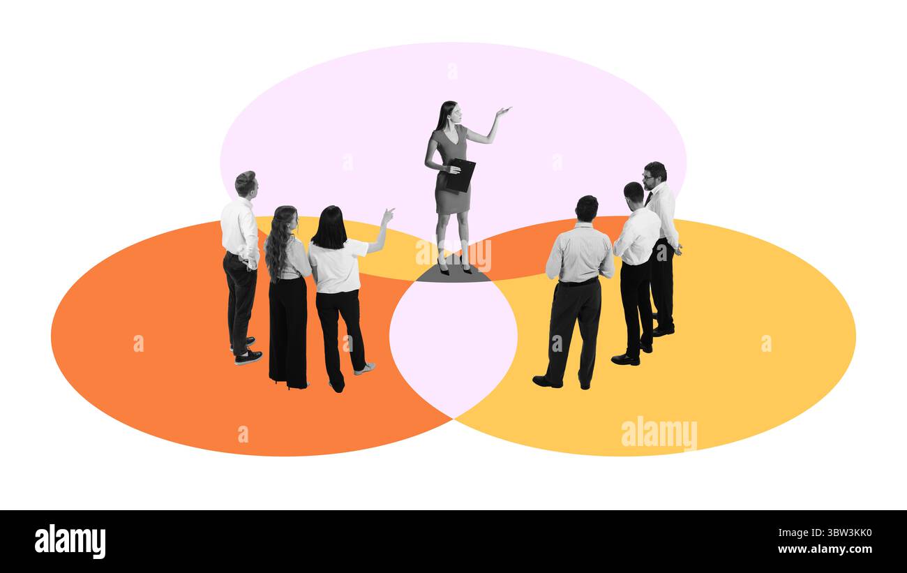Composition of businesswoman presenting to two merging teams in ...