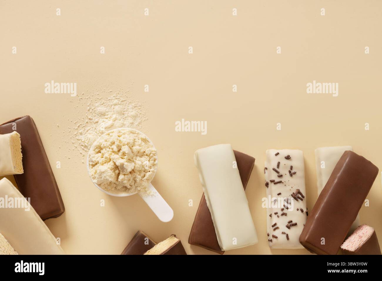 Different whey protein bars with various coatings and sprinkles scoop ...