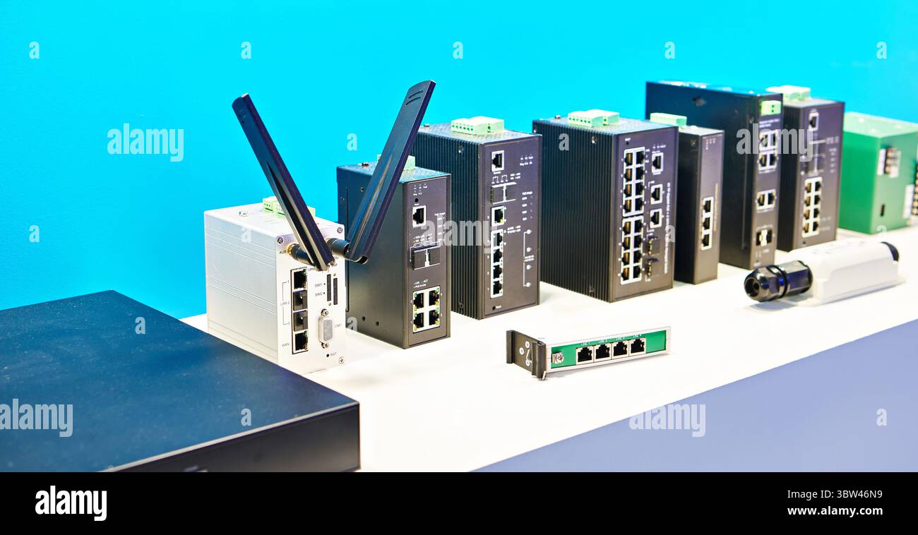 Switches and communication system components on display in store Stock ...