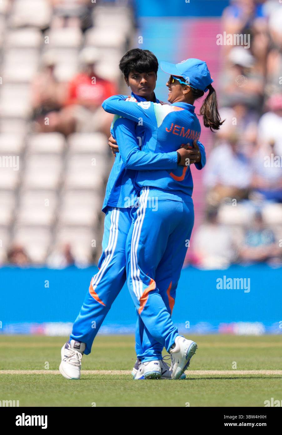 India's Kranti Goud celebrates the wicket of England's Amy Jones during ...
