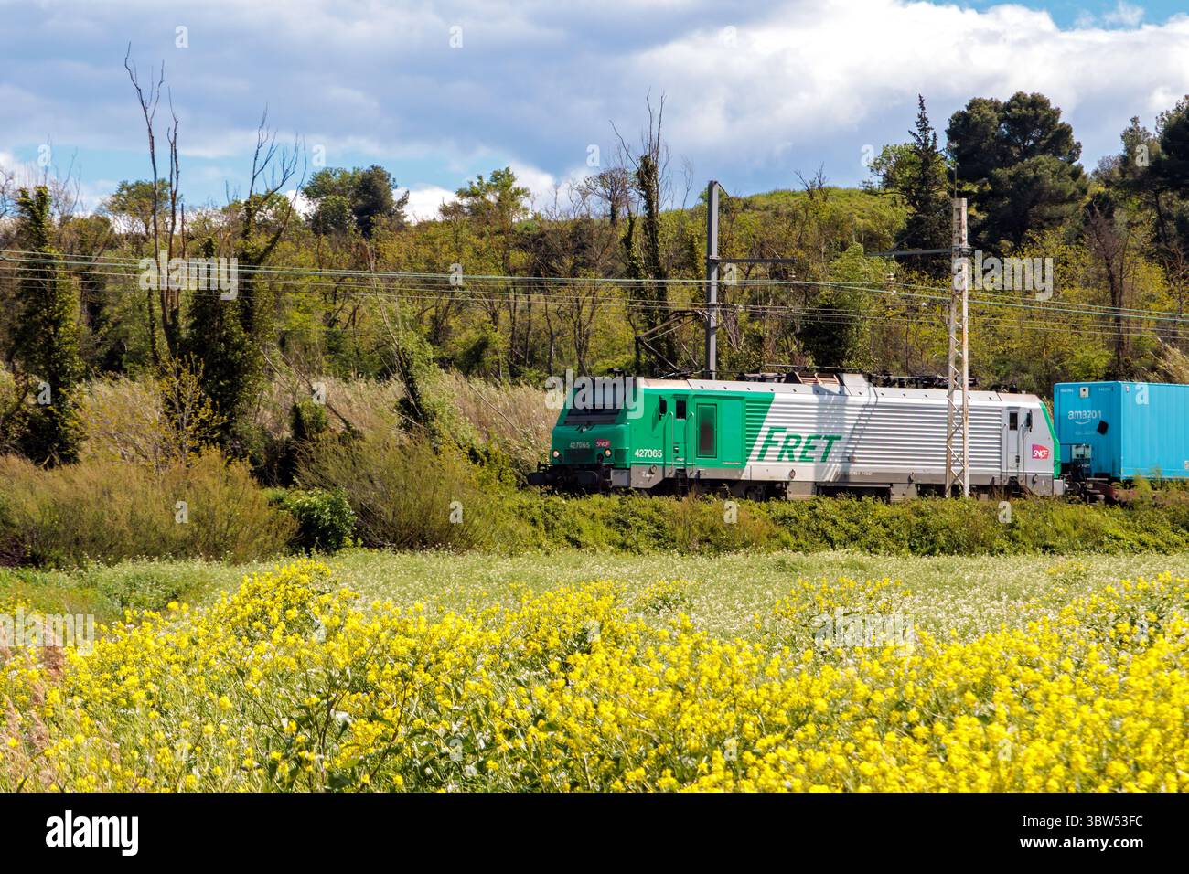 Rail freight transport between Beziers and Narbonne. Occitanie, France ...