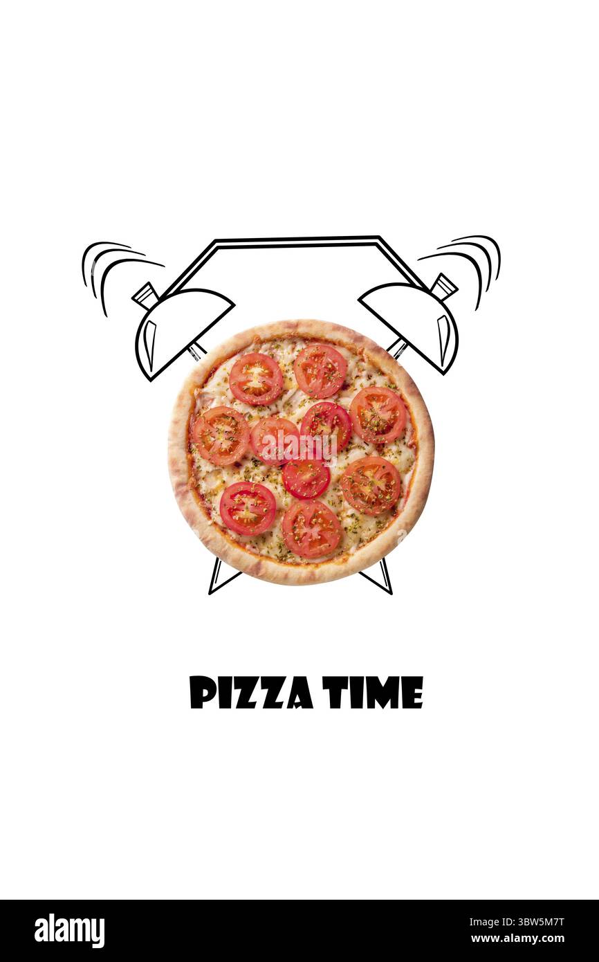 Pizza and alarm clock hand drawn illustration isolated on white ...