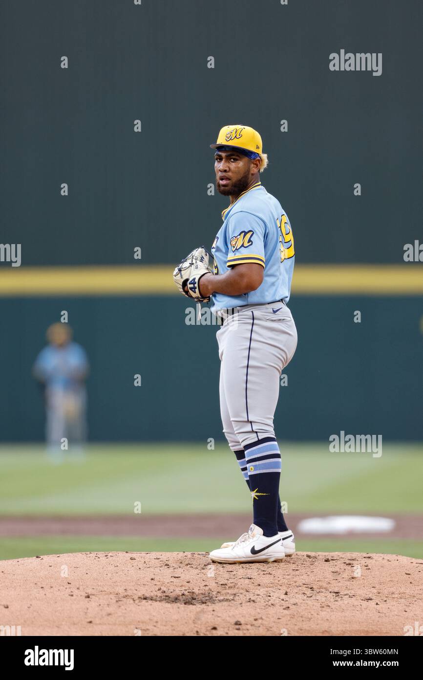 Montgomery Biscuits starting pitcher Yoniel Curet (39) looks in for the sign during the game ...