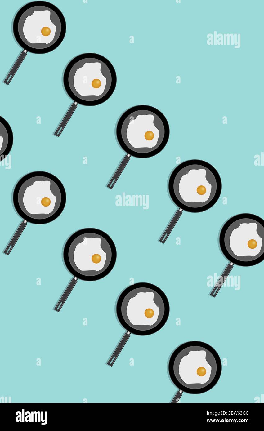 Funny background from scrambled eggs and frying pan . Pop art. Pattern ...