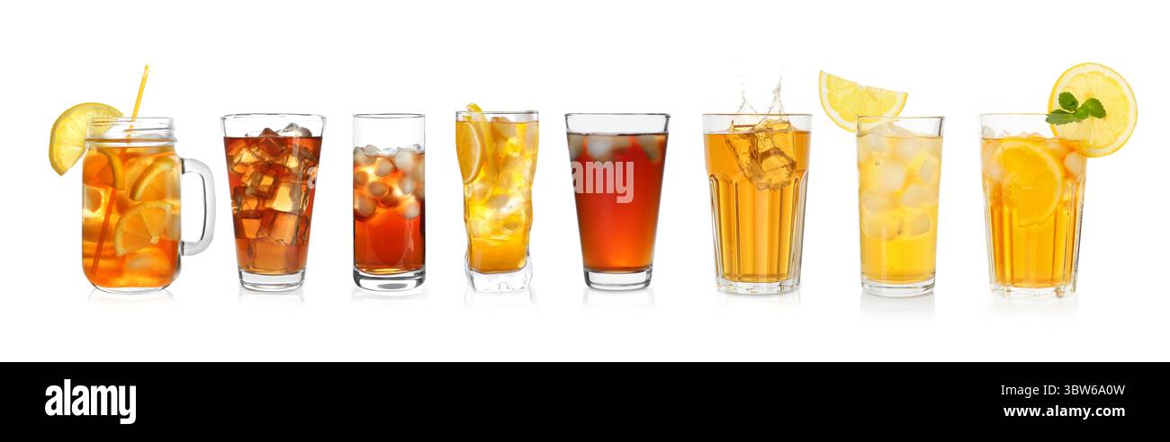 Iced tea. Different types of drinks in glasses isolated on white, set ...