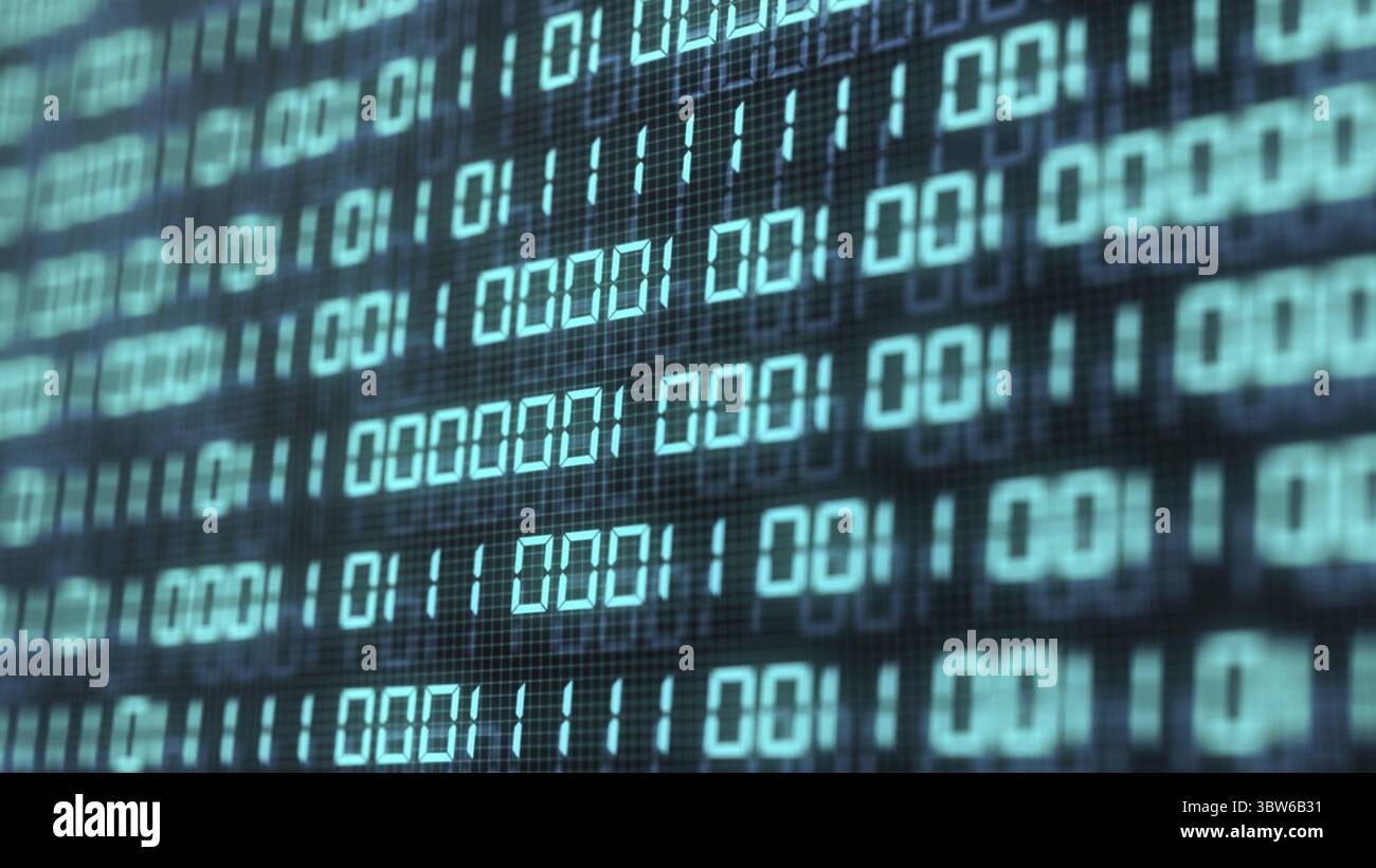Digital binary code number on computer screen background. Blue green digital numeral software ...