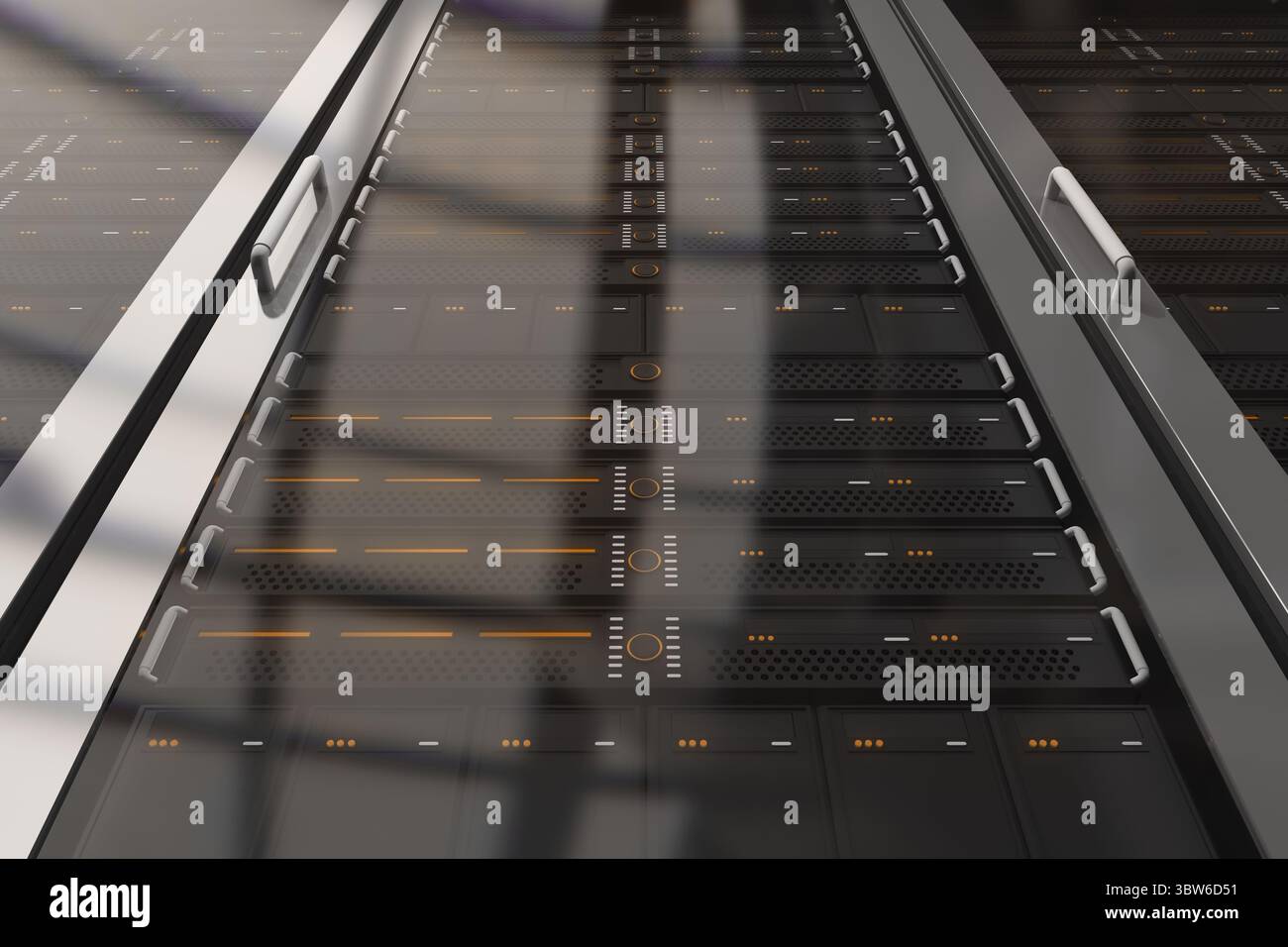 Flat design is depicting rack-mounted servers glowing orange and white ...