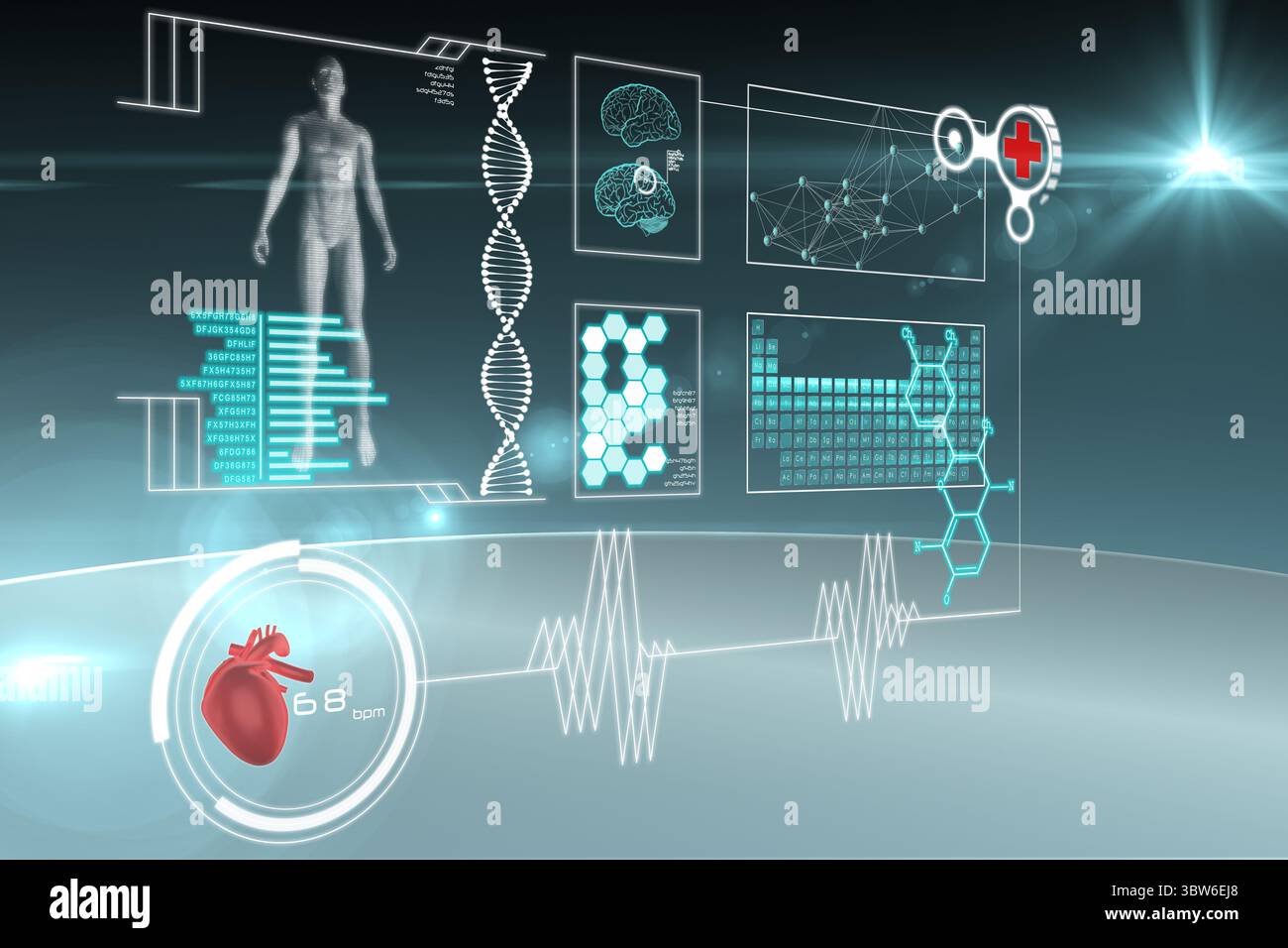 Floating 3D holographic medical panel is displaying anatomy, DNA helix ...