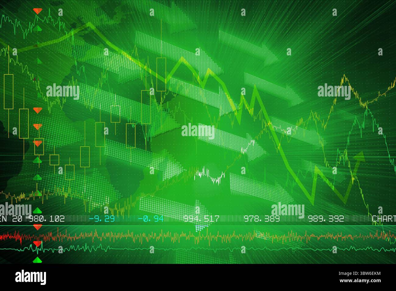 Stock market charts running on green flat dashboard, showing ...