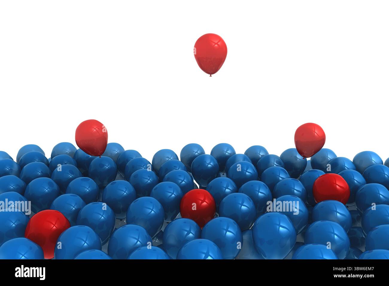 Single red balloon is floating above glossy blue balloon cluster in ...