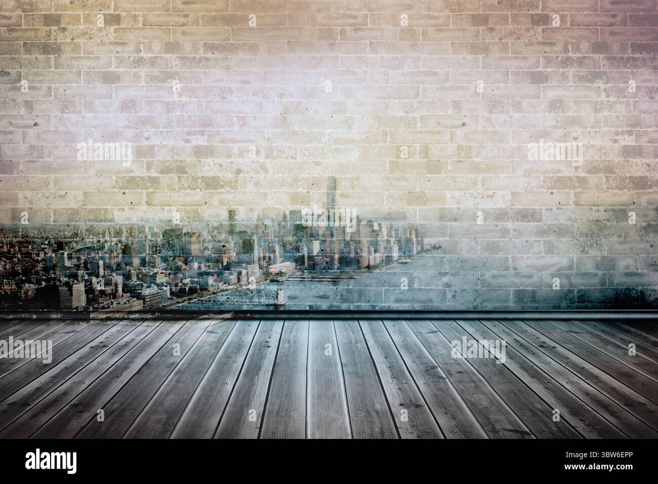 Flat design is showing translucent skyline mural overlaying aged brick ...