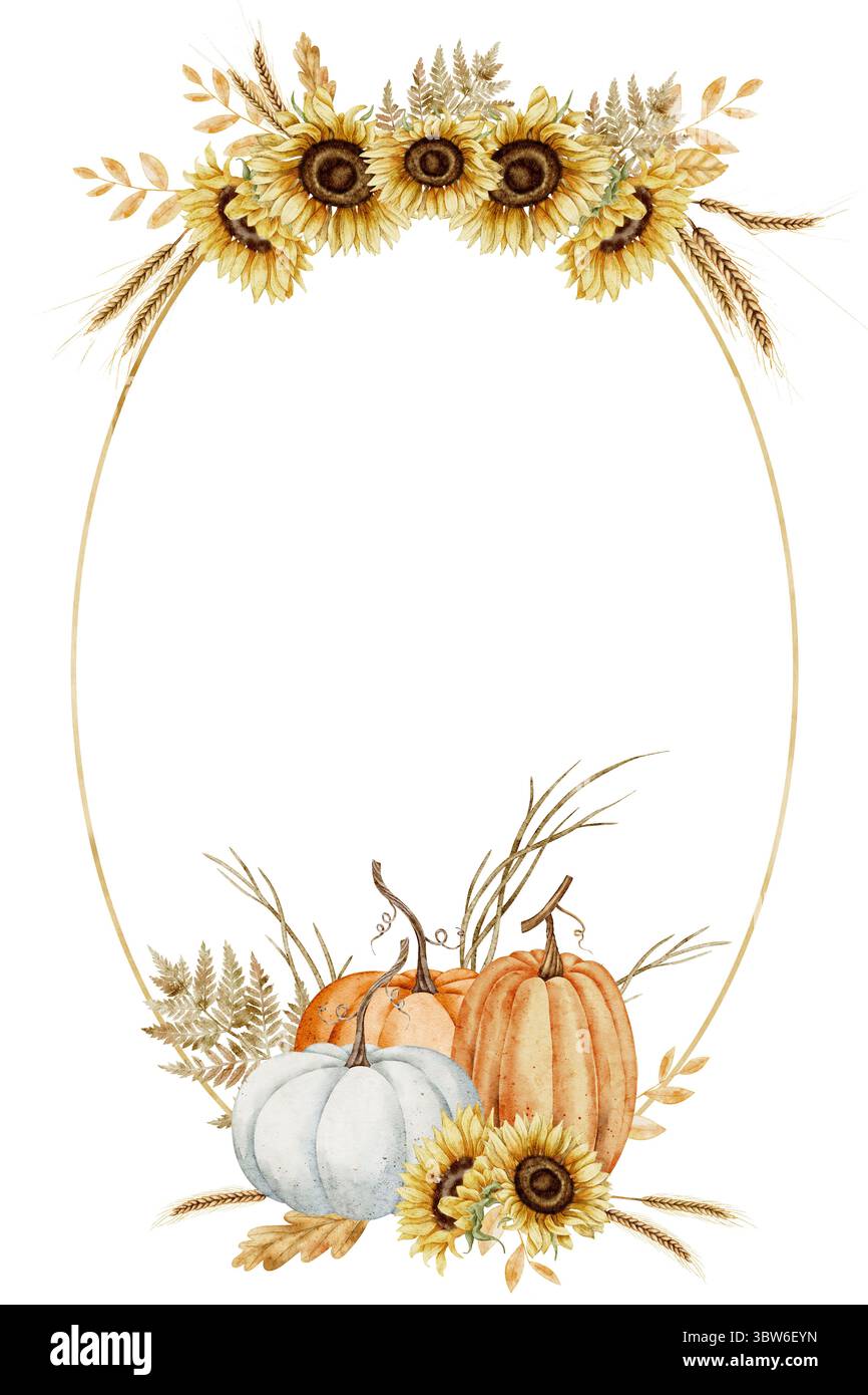 Watercolor autumn card Template with oval floral Frame of pumpkins ...