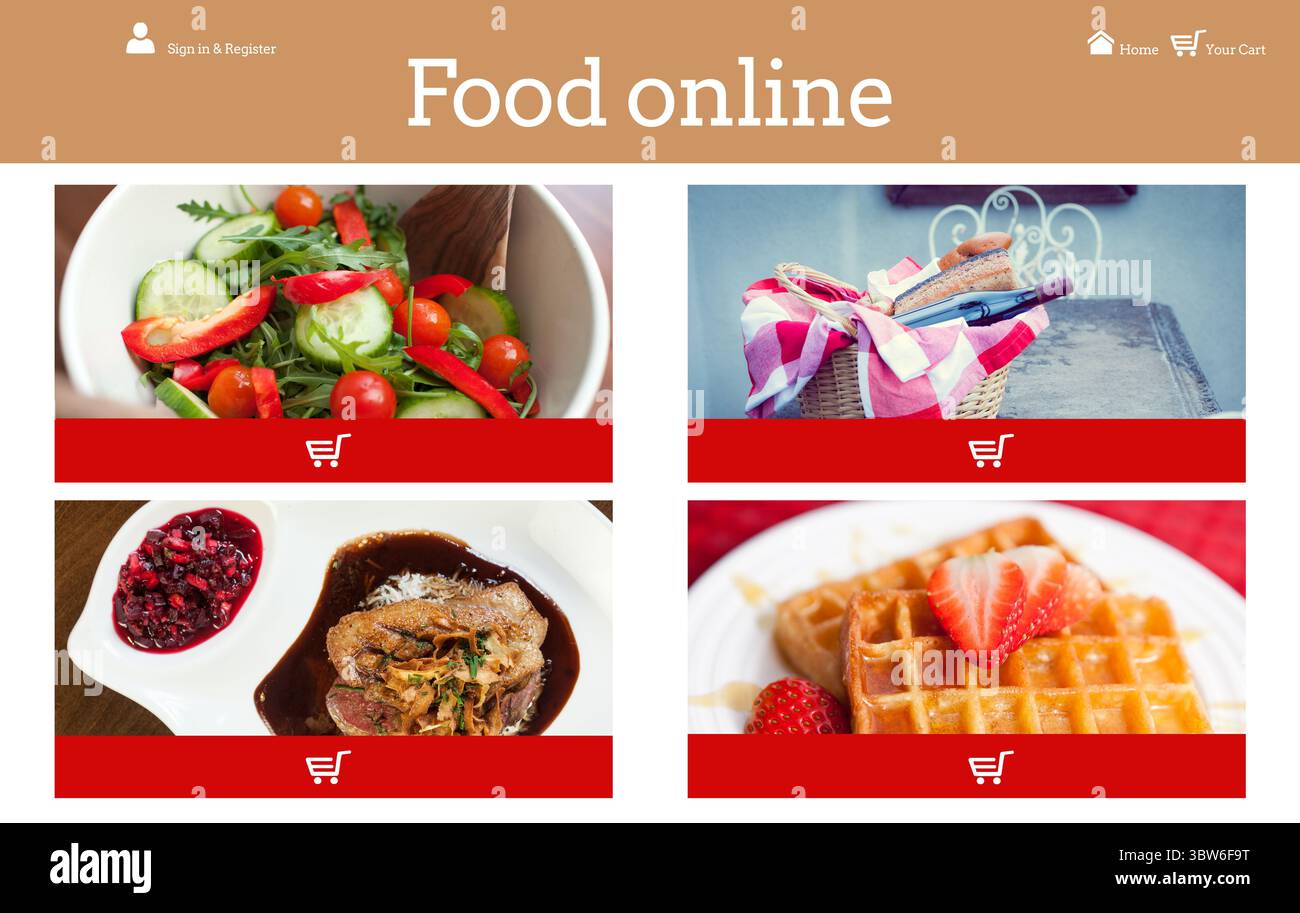 Food ordering UI is showing flat design grid with dish images, cart ...