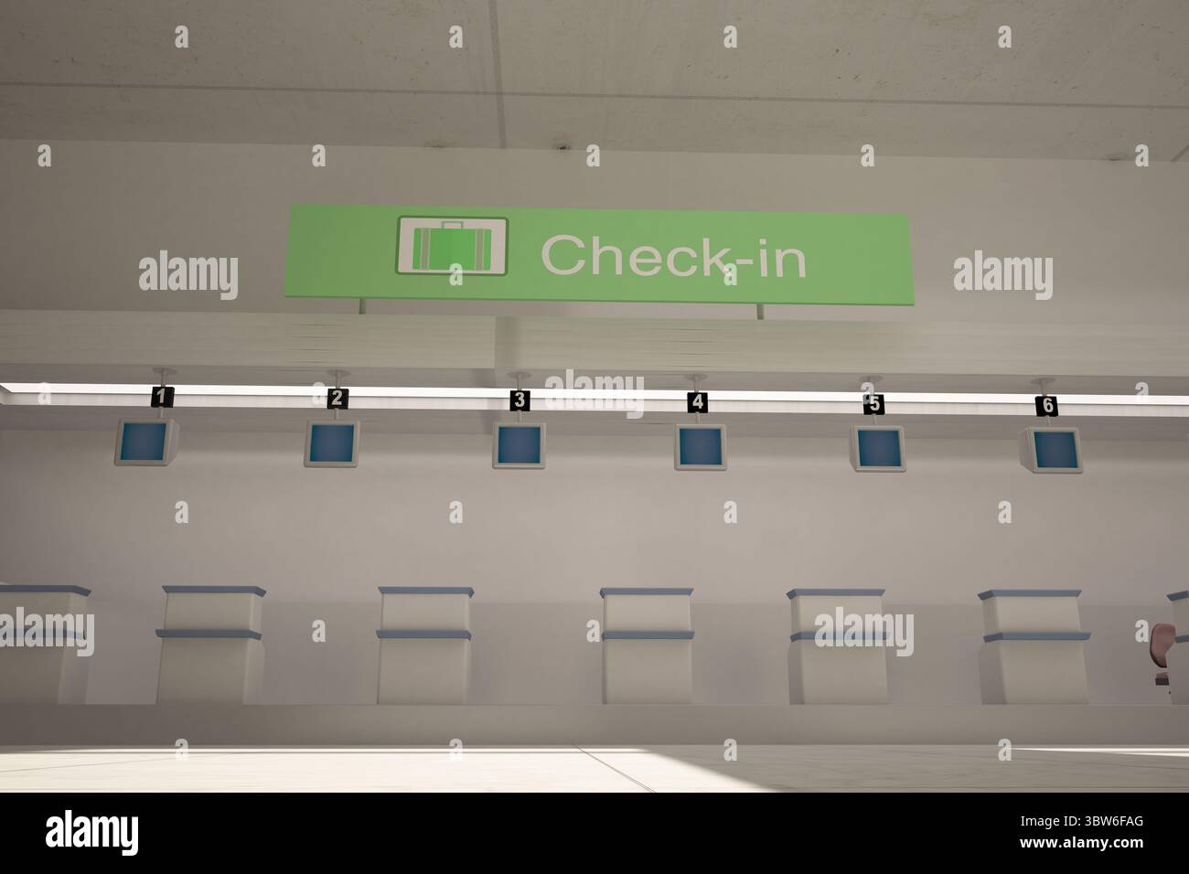 Flat design terminal is showing six check-in counters, monitors, green ...