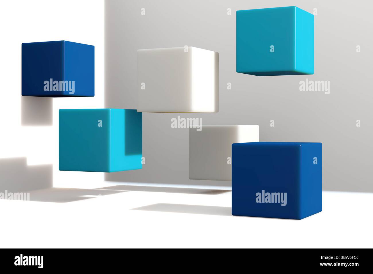 Six floating colored cubes are hovering in minimal white 3D studio ...