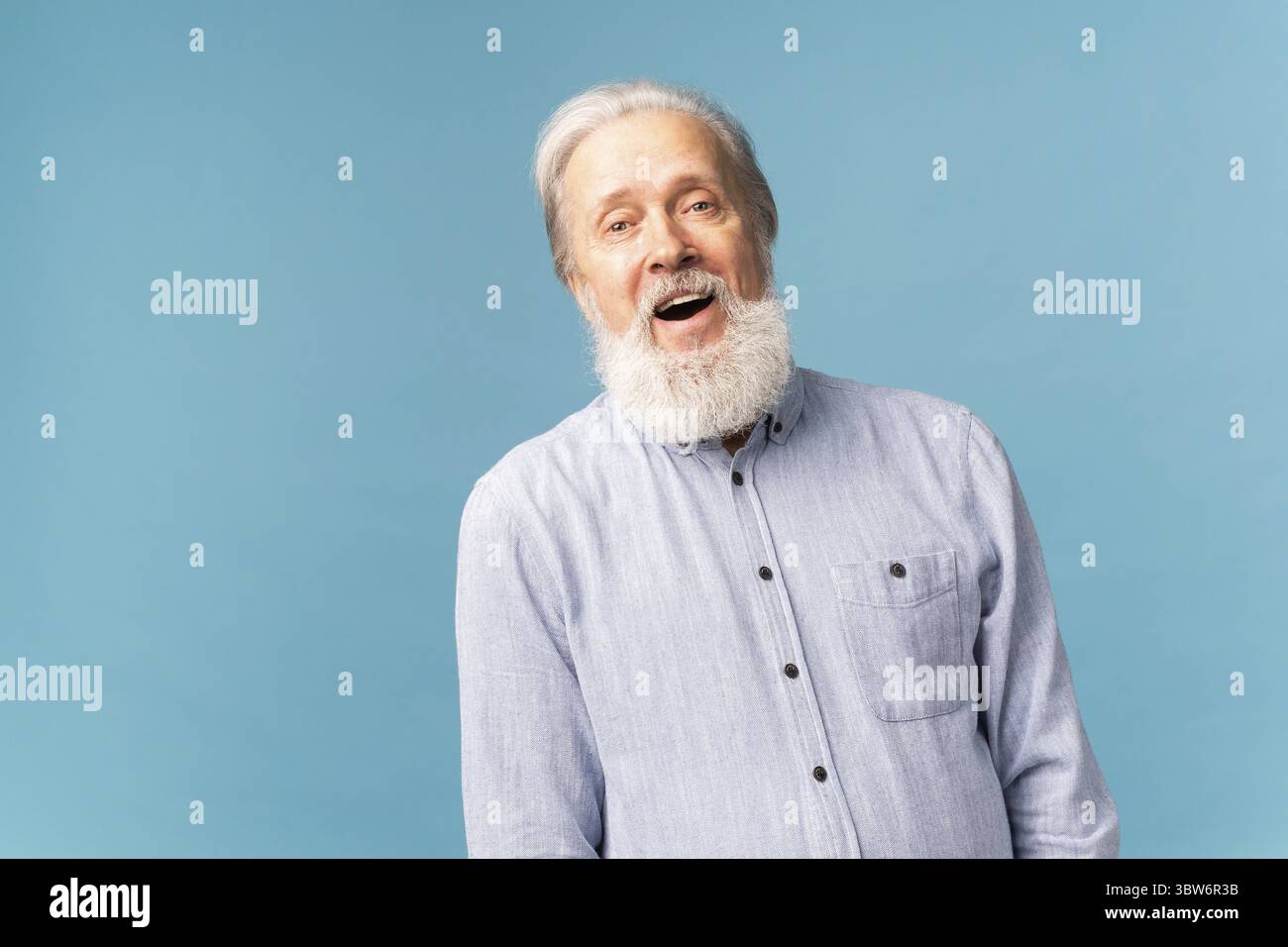 Retired old man with white hair and beard open mouth shiny smile ...