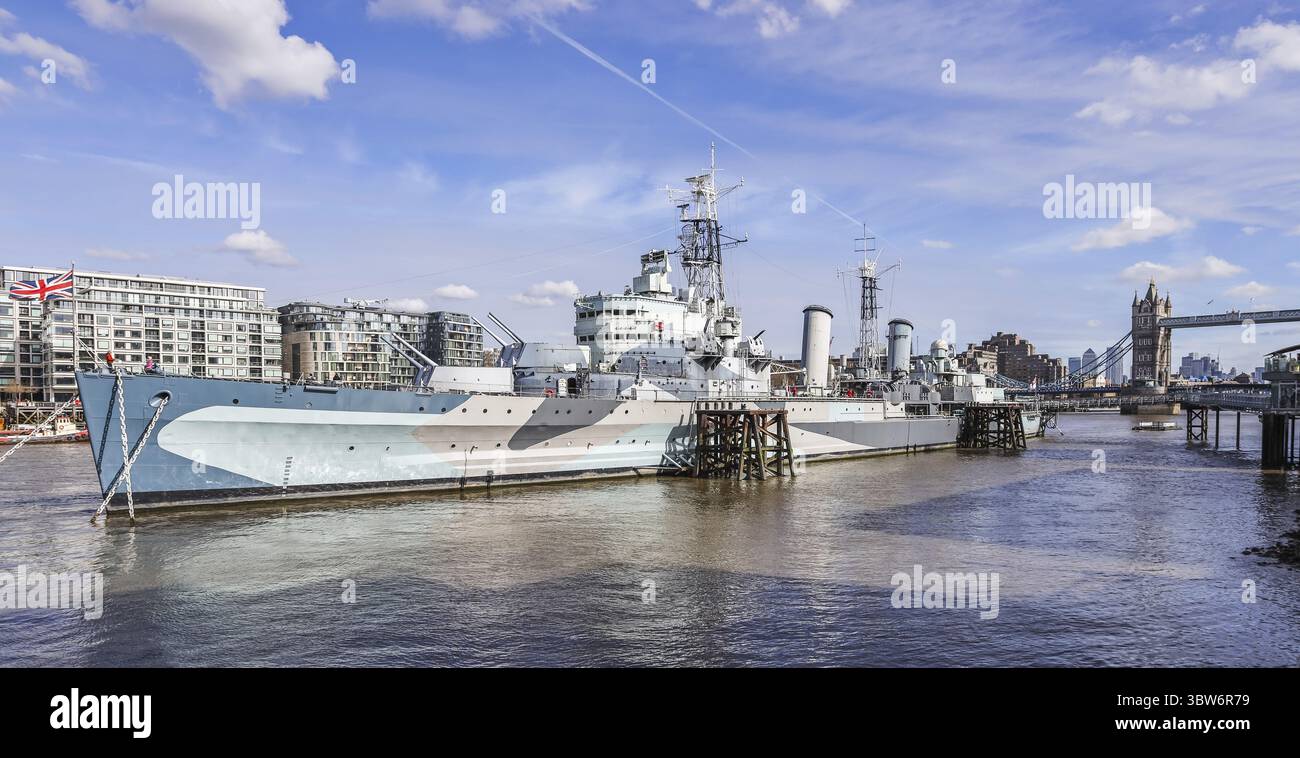 HMS Belfast, a preserved World War II cruiser, moored on the River ...