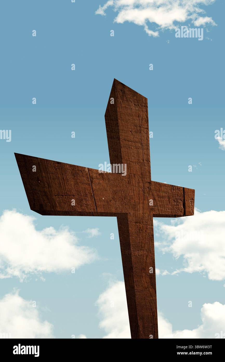 Weathered wooden cross is standing against clear blue sky with visible ...