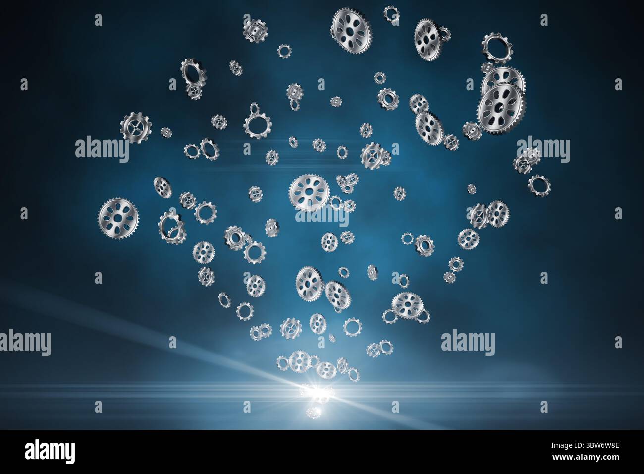 Floating metallic gears spiraling upward from glowing white light ...