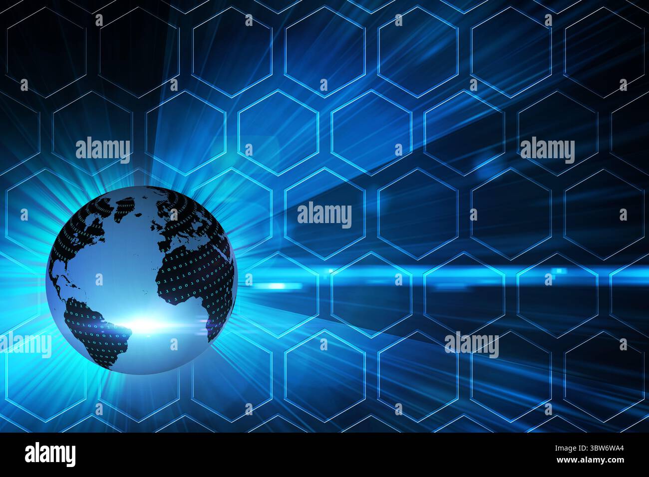 Stylized Earth globe shining in vector with binary hexgrid overlay ...