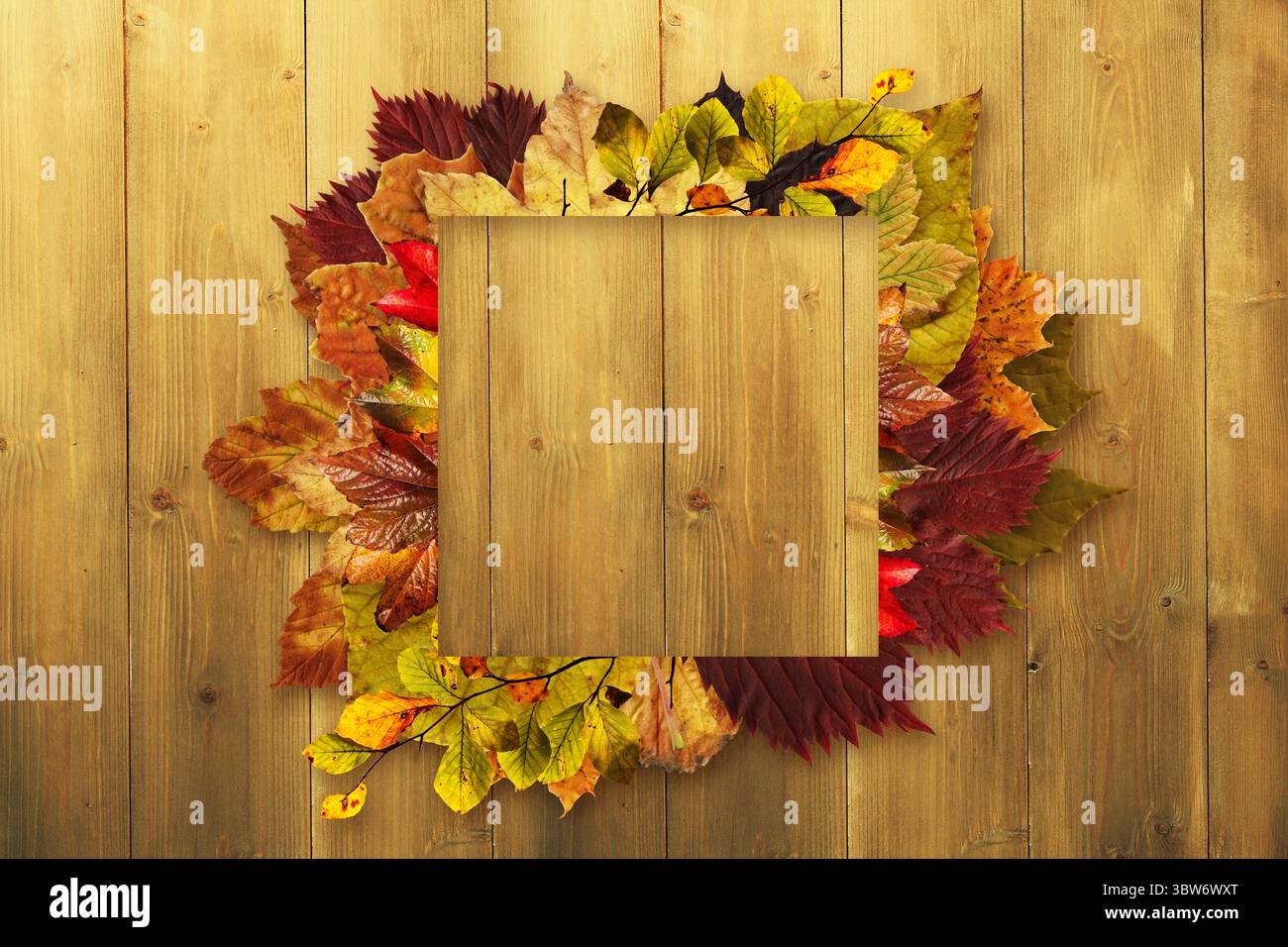 Autumn leaf wreath is showing flat design plank backdrop featuring ...