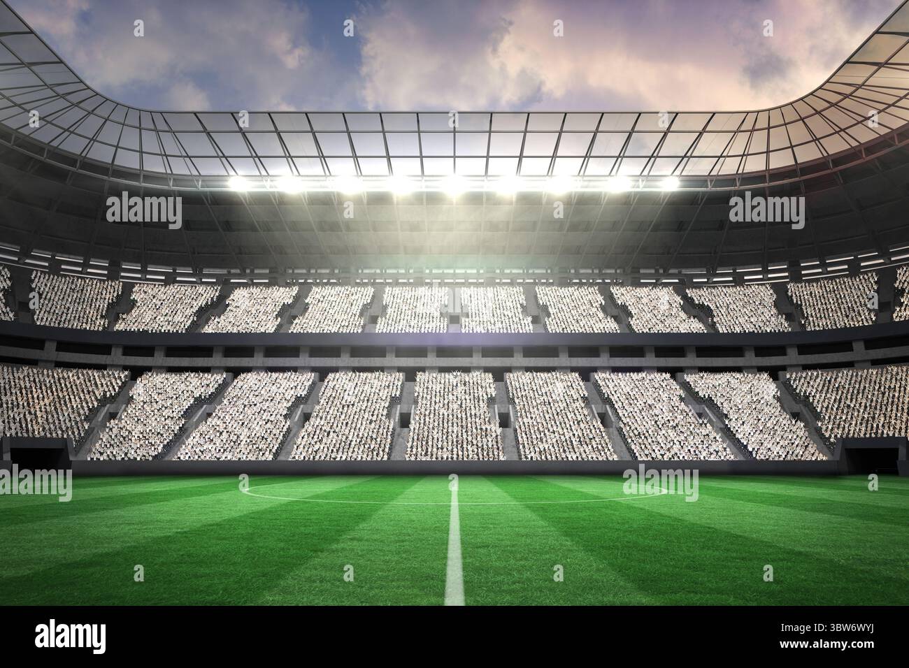 Showing soccer stadium interior in flat design featuring green pitch ...