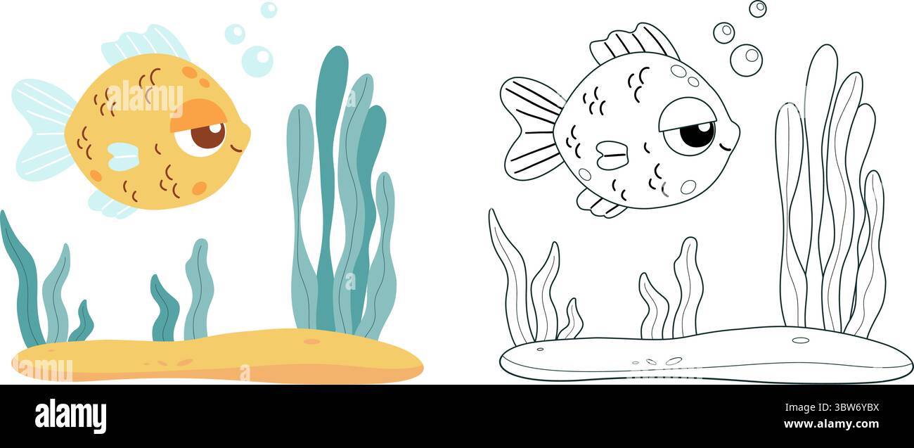 Tropical cute cartoon fish with algae on seabed. Isolated Outline and ...